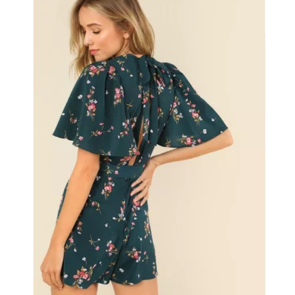 Pants & Jumpsuits | Green Floral Flounce Romper | Poshmark